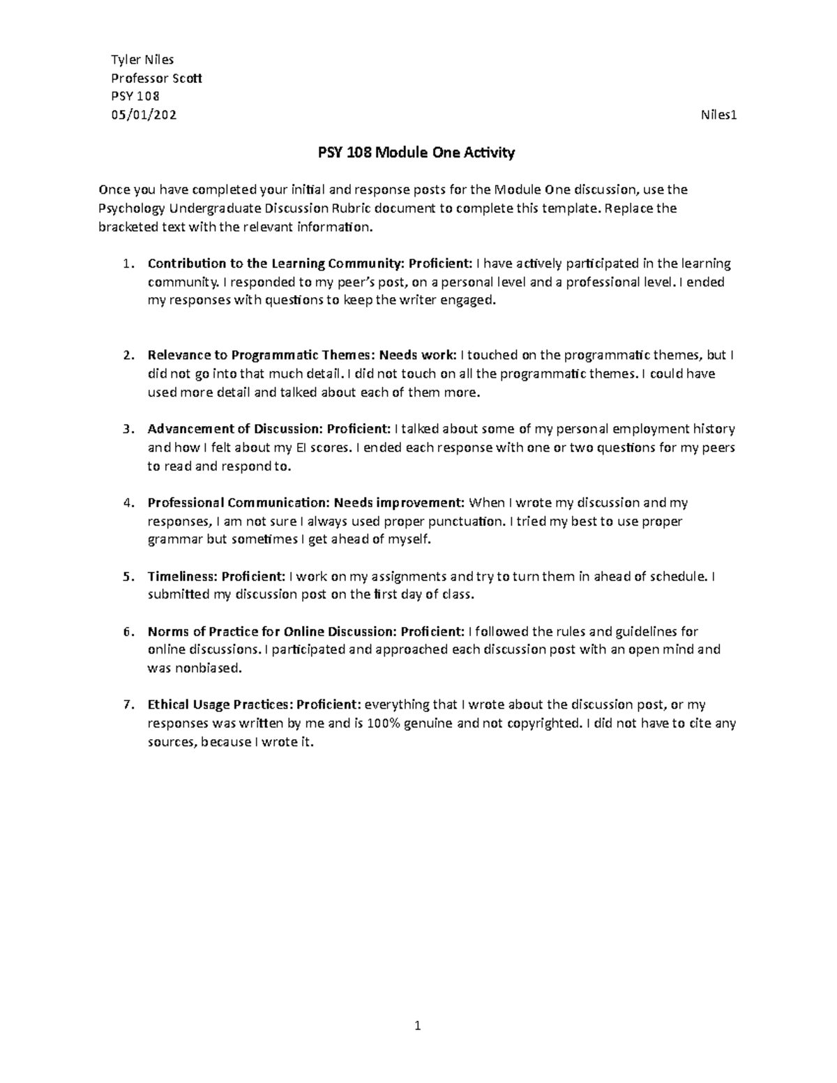 PSY 108 Module One Activity - Tyler Niles Professor Scot PSY 108 05/01 ...