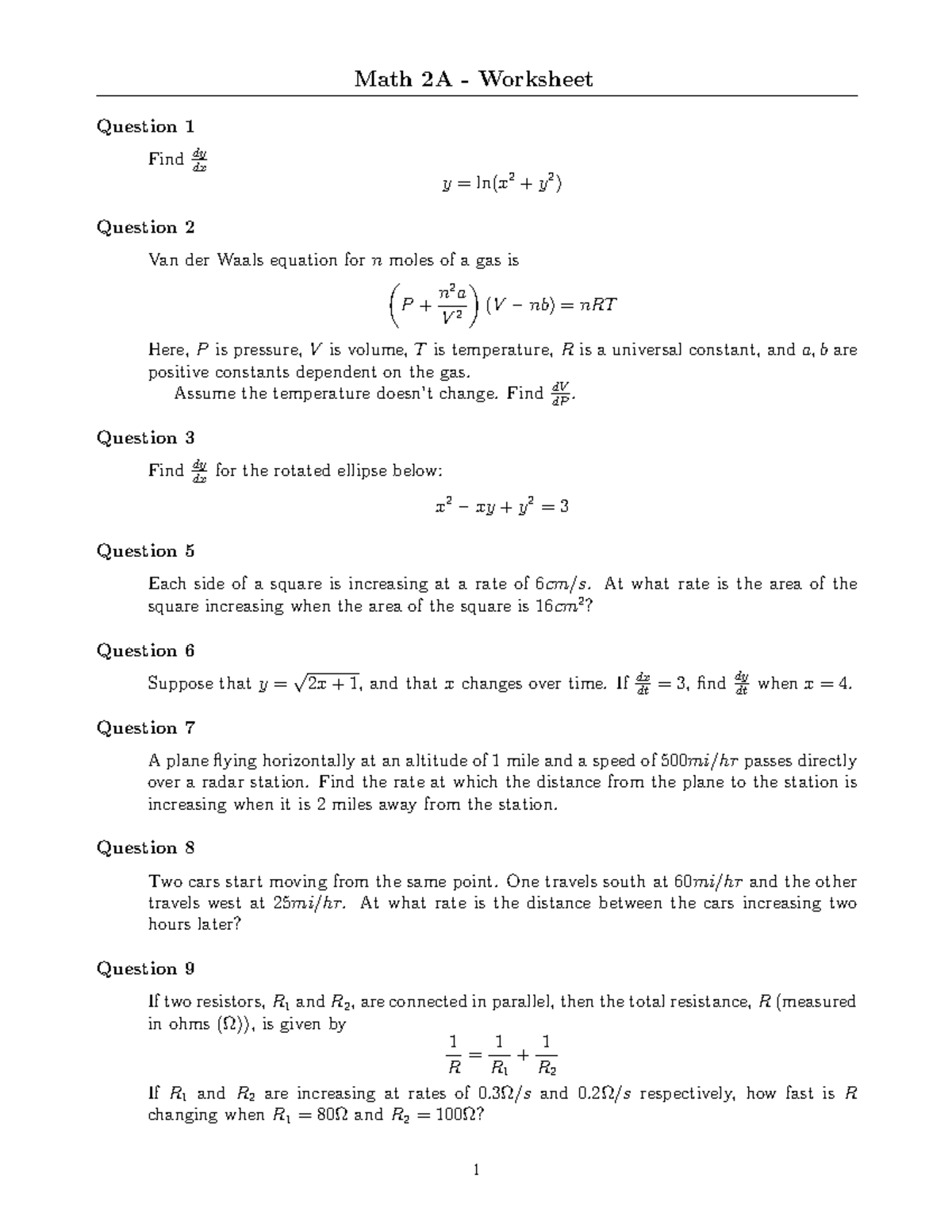 Worksheet 2 - Math 2A - Worksheet Question 1 Find dy dx y = ln(x 2 + y ...