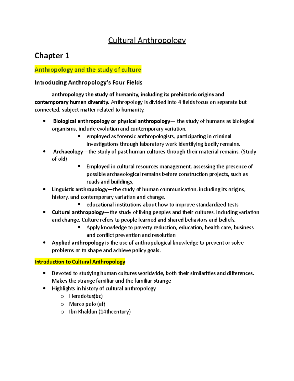 reading chapter 1-3 - Cultural Anthropology Chapter 1 Anthropology and the study of culture ...