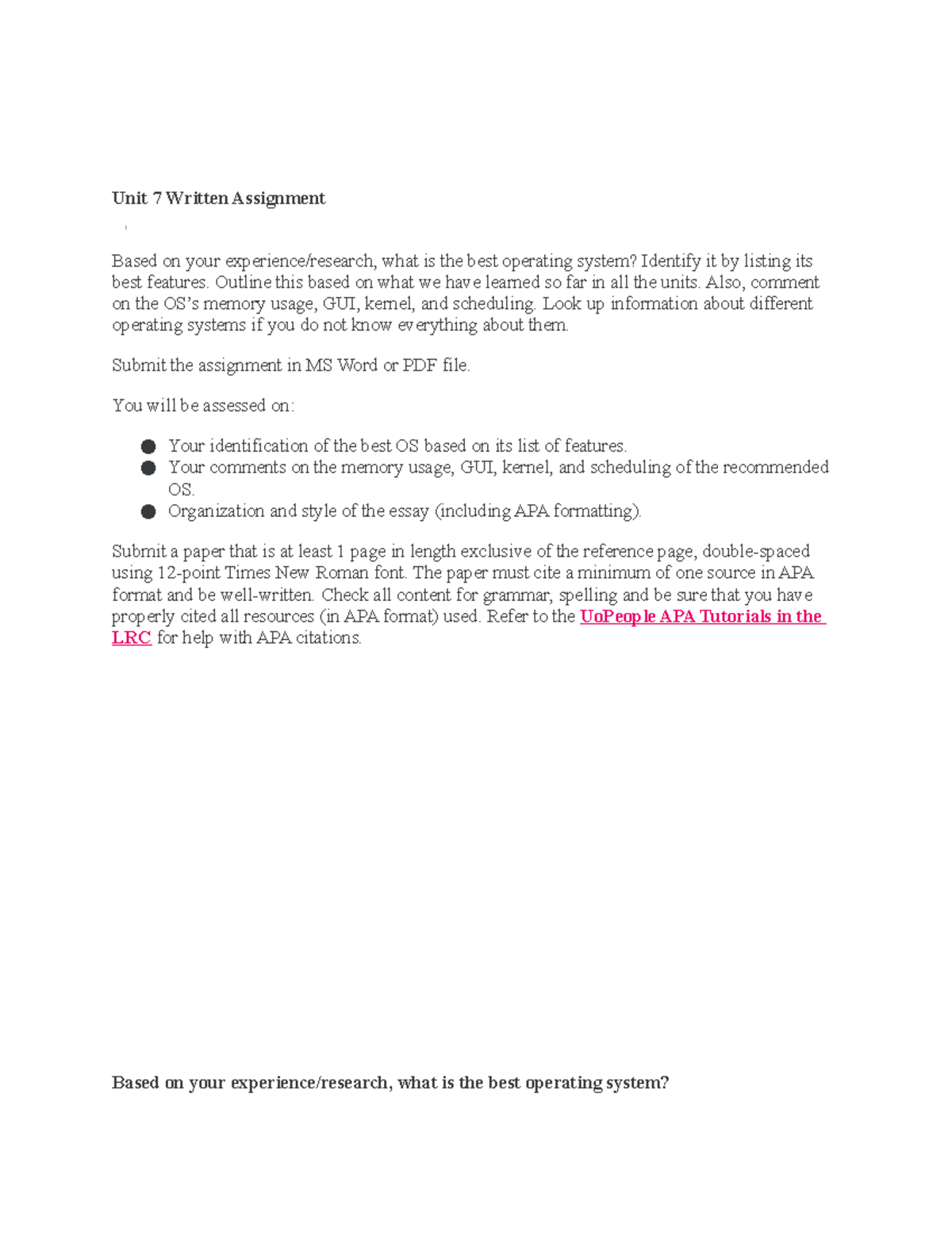 WA - CS 2301 - UNIT 7 Kernel and GUI - , Ultiple Assignments AND INFO - Random - Unit 7 Written ...