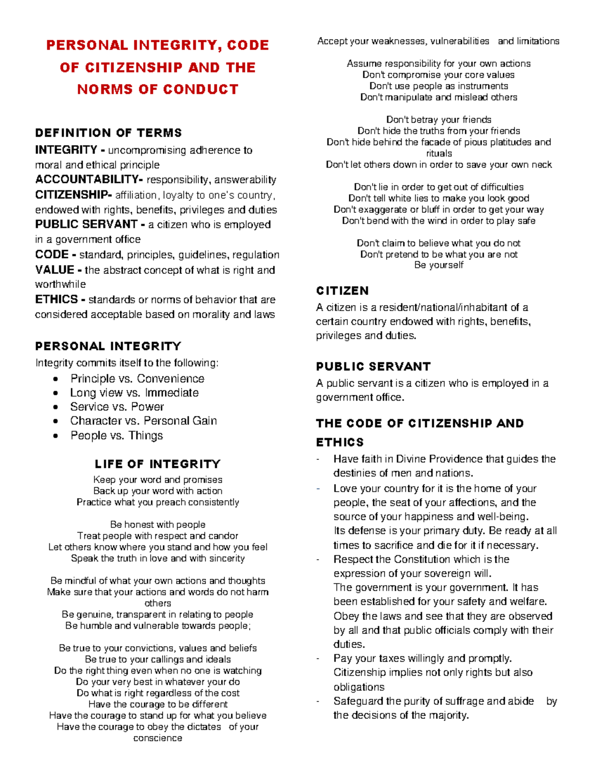 NSTP101 Module 11 - NSTP 101 LECTURE NOTES - PERSONAL INTEGRITY, CODE ...