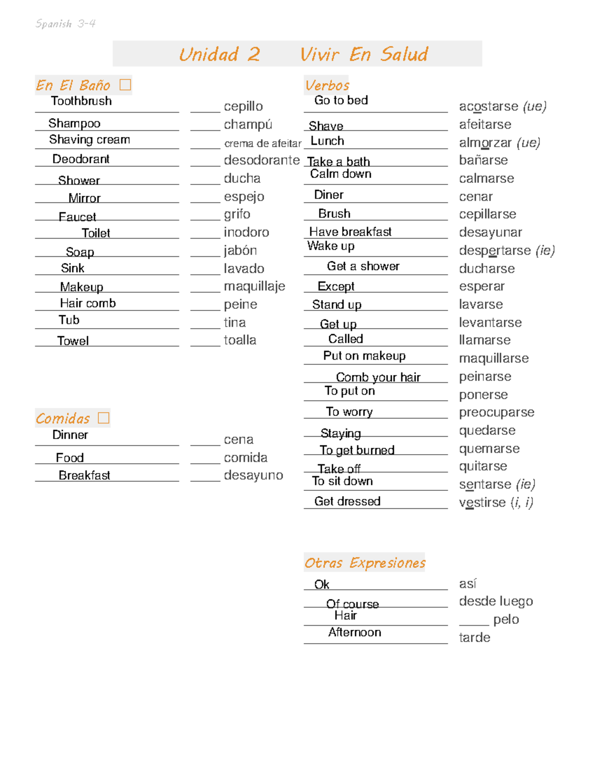 2 +Vocab+List - Nonw - Spanish 3- 4 . Unidad 2 Vivir En Salud. En El ...