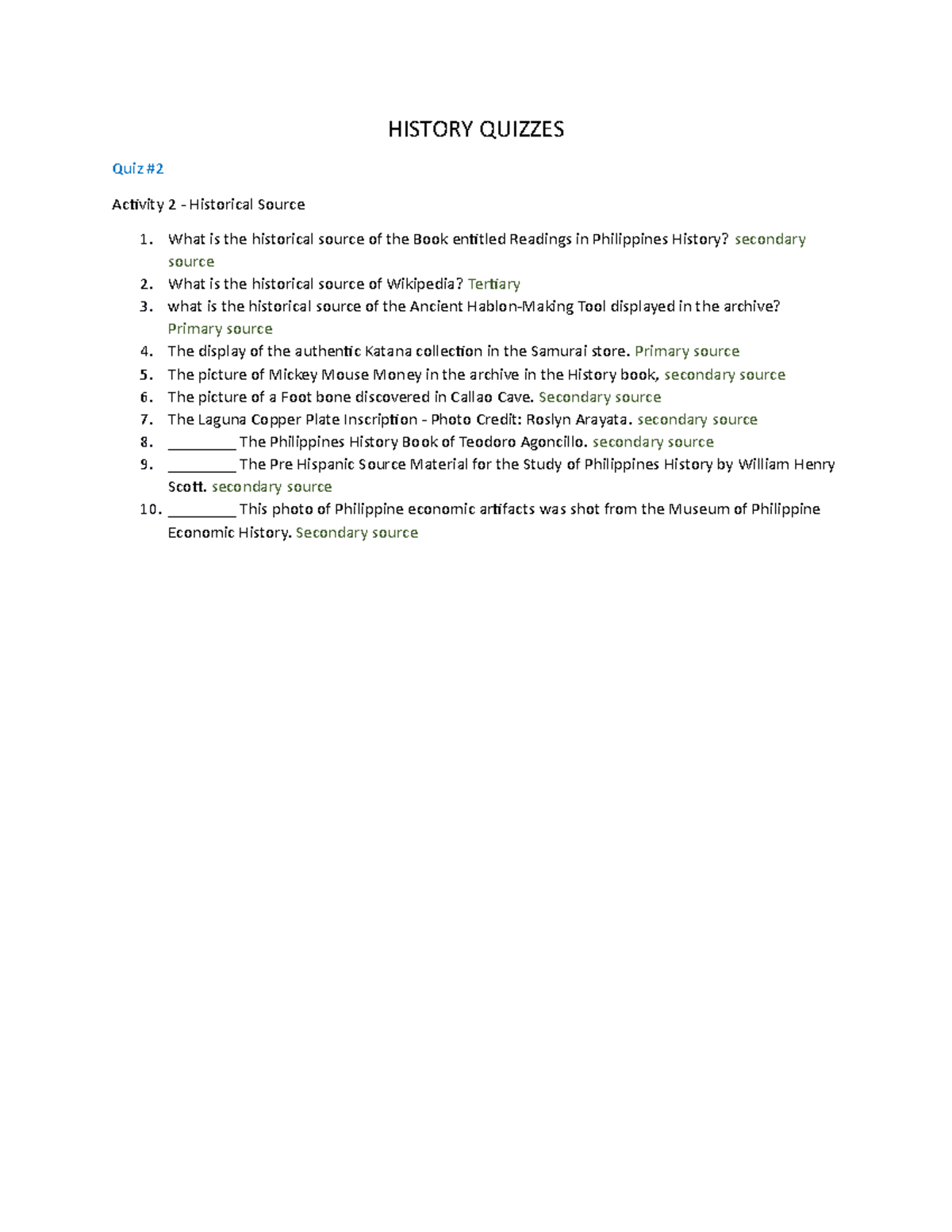 History Quiz #2 (Historical resources) - HISTORY QUIZZES Quiz ...