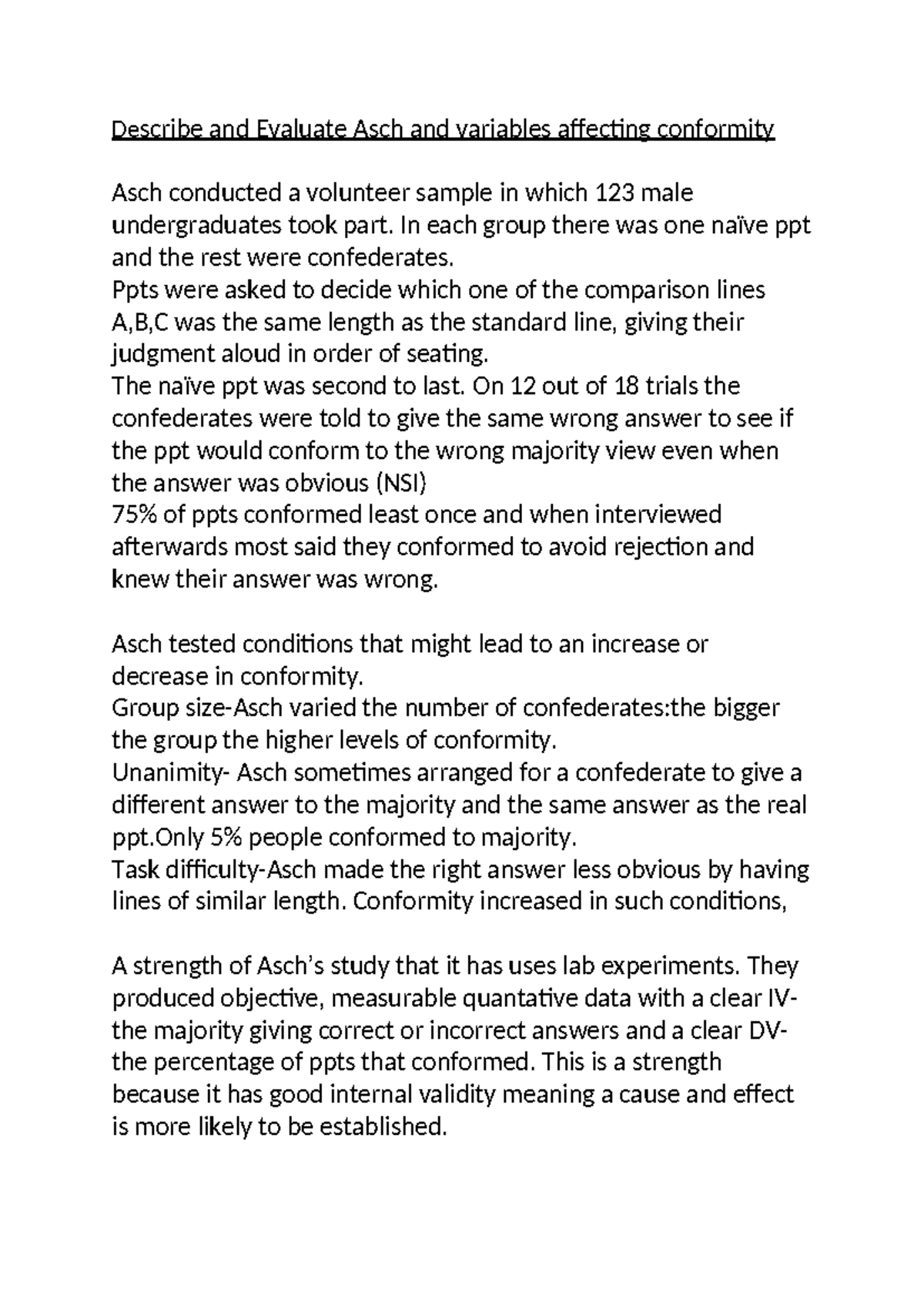 Describe and Evaluate Asch and variables affecting conformity - In each ...