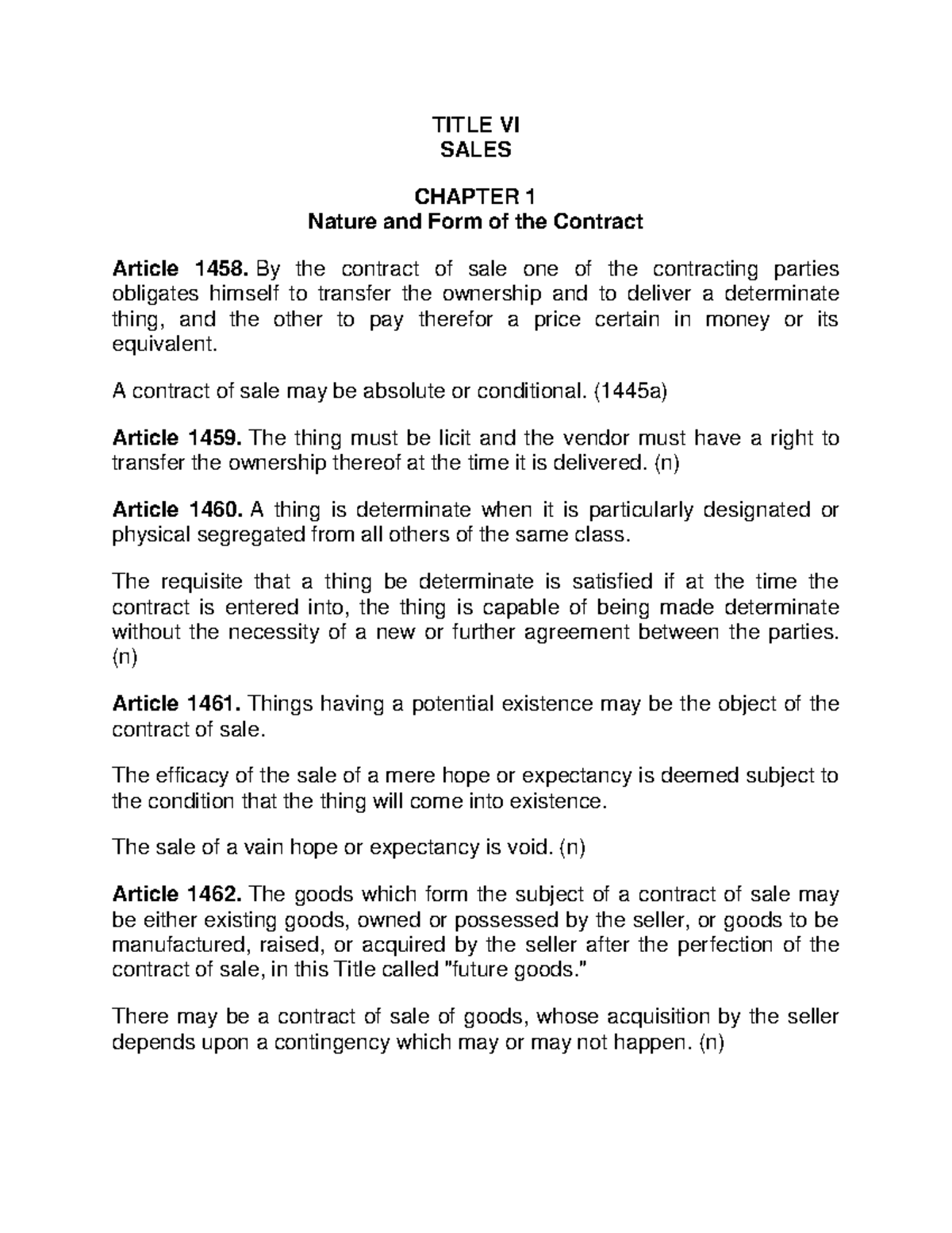 Article-1458-to-1494 - TITLE VI SALES CHAPTER 1 Nature and Form of the ...