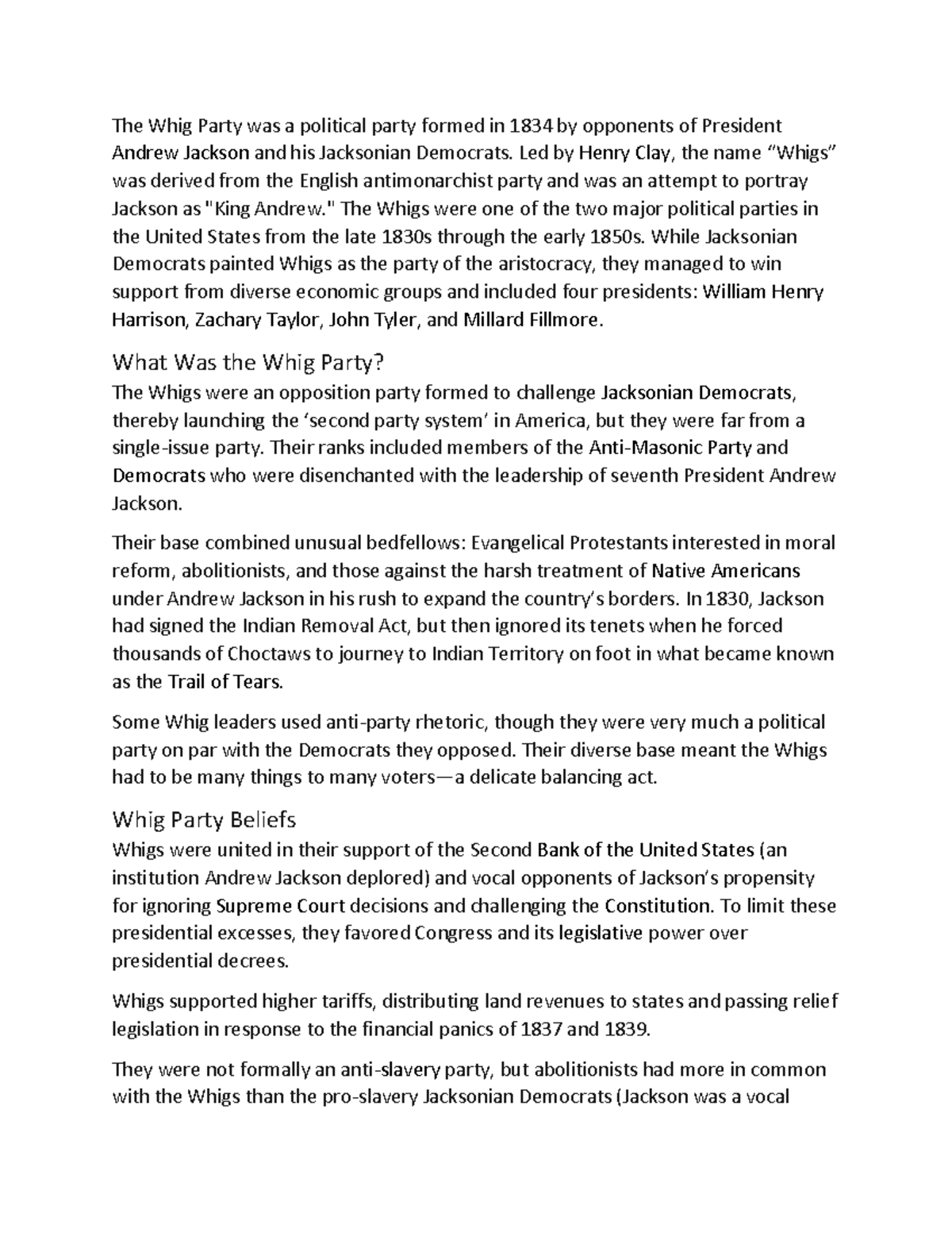 Whig Party Notes - The Whig Party was a political party formed in 1834 ...