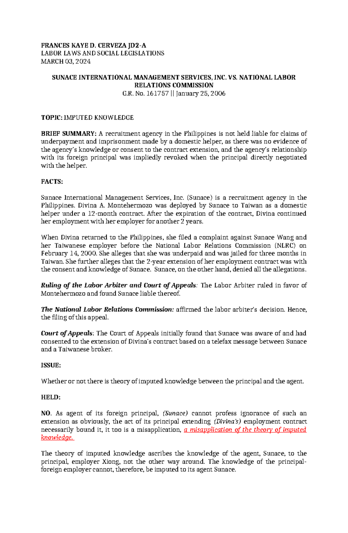 Labor Standards Case Digests- Batch 2 - FRANCES KAYE D. CERVEZA JD2-A ...