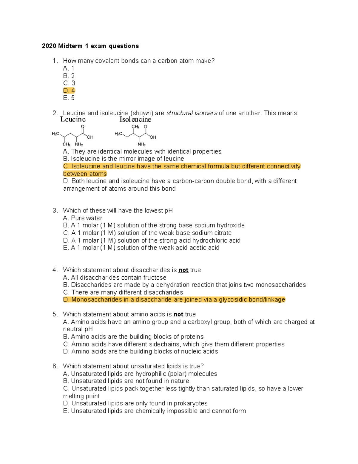 2020 Midterm 1 - 2020 Midterm 1 exam questions How many covalent bonds can a carbon atom make? A ...
