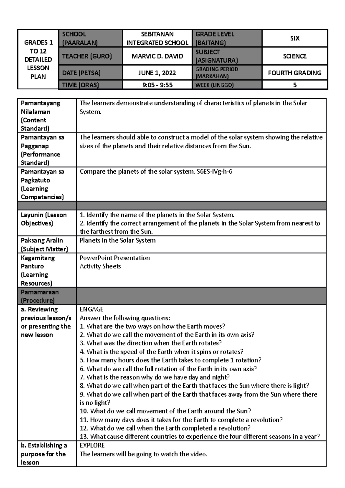 Objective 9 Science Planets in the Solar System - GRADES 1 TO 12 ...