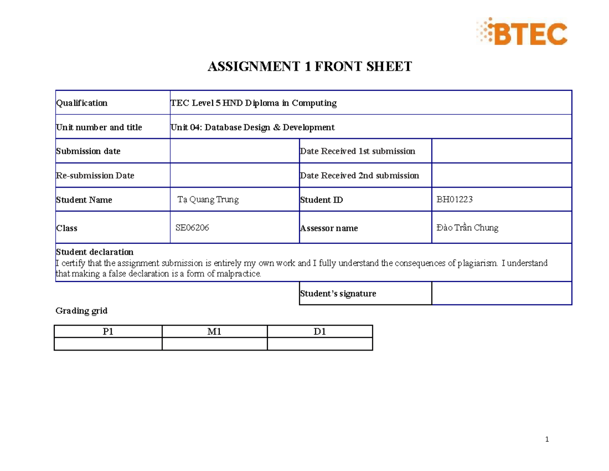 Asm2nd - ASM1 - 1 ASSIGNMENT 1 FRONT SHEET Qualification TEC Level 5 HND Diploma in Computing ...