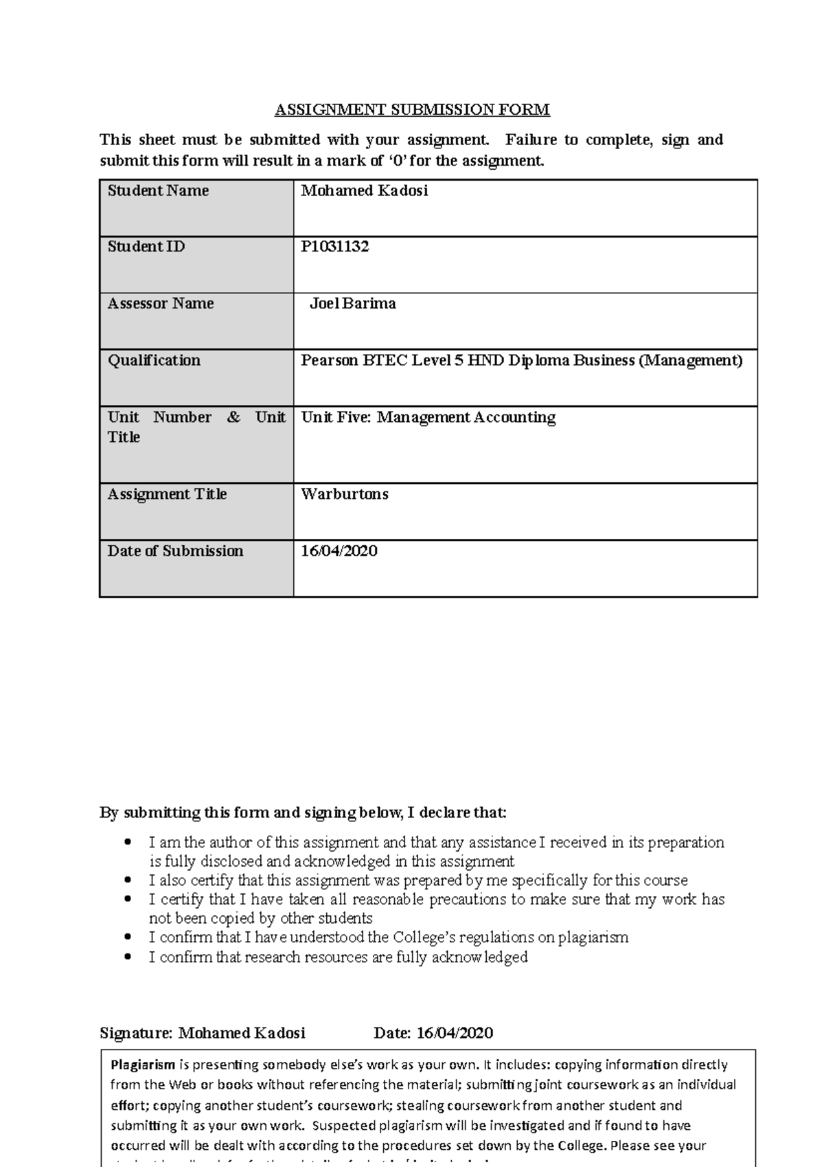 Management accounting - ASSIGNMENT SUBMISSION FORM This sheet must be ...