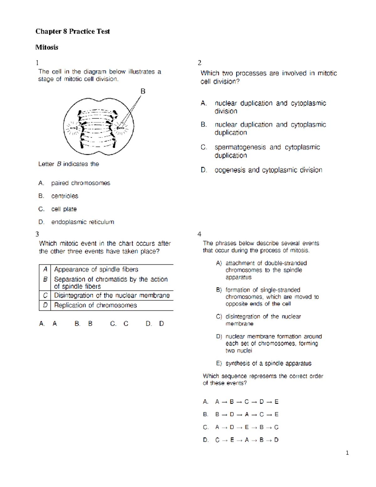 Mitosis - Practice questions - Chapter 8 Practice Test Mitosis 1 2 3 4 ...