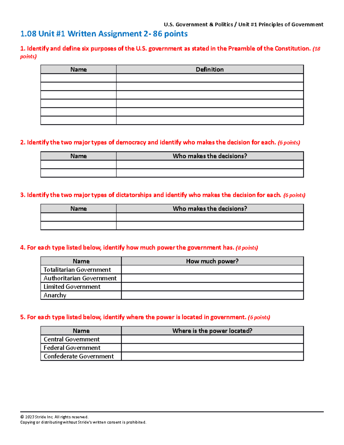 1.08 Unit #1 Written Assignment 2 - U. Government & Politics / Unit #1 ...