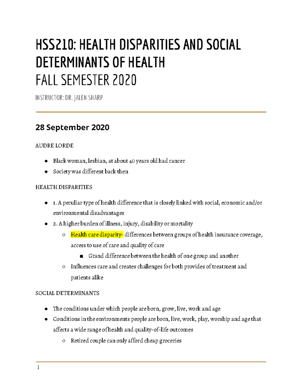 HSS210 Week 6- Health Disparities AND Social Determinants OF Health ...