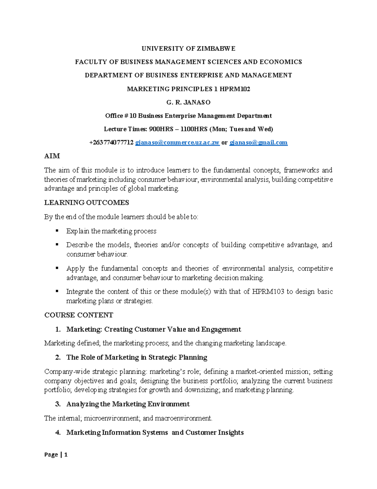 Marketing Principles 1 Course Outline - UNIVERSITY OF ZIMBABWE FACULTY ...