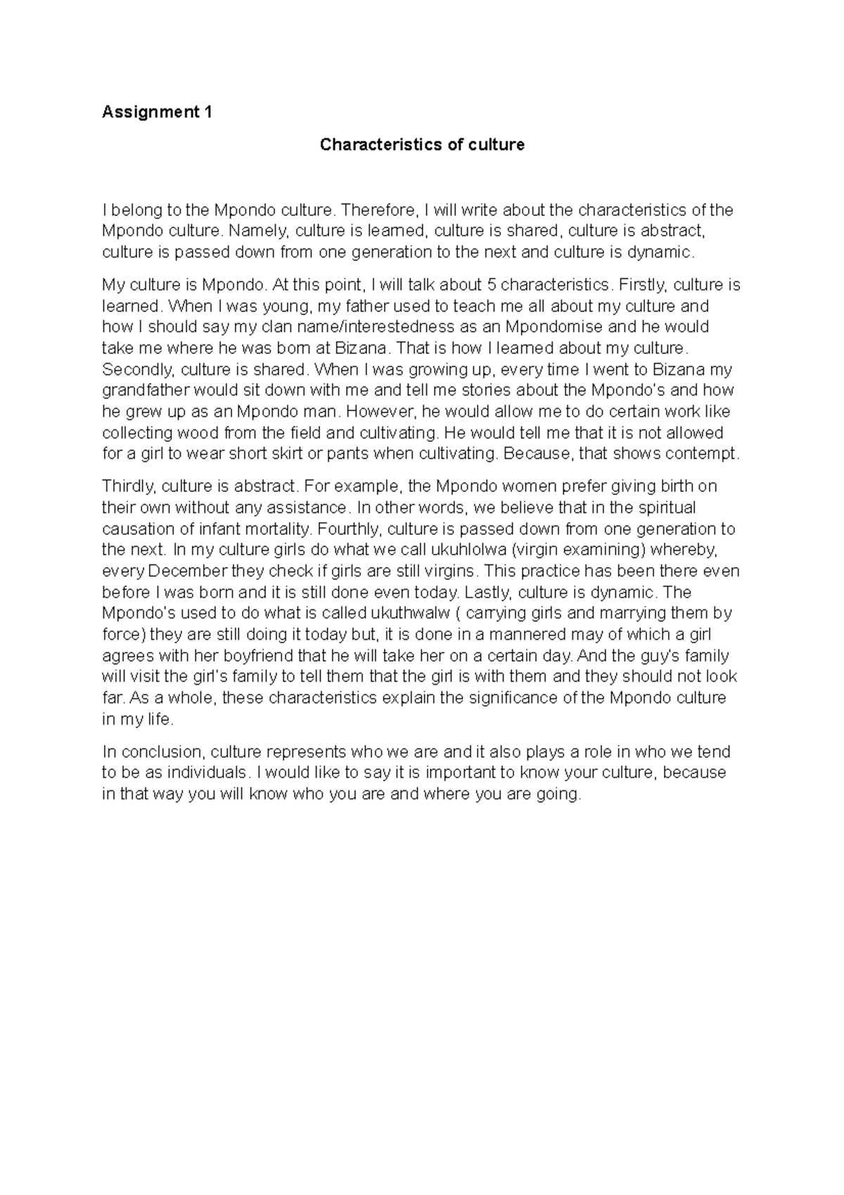 Assignment 1 - be smart - Assignment 1 Characteristics of culture I ...