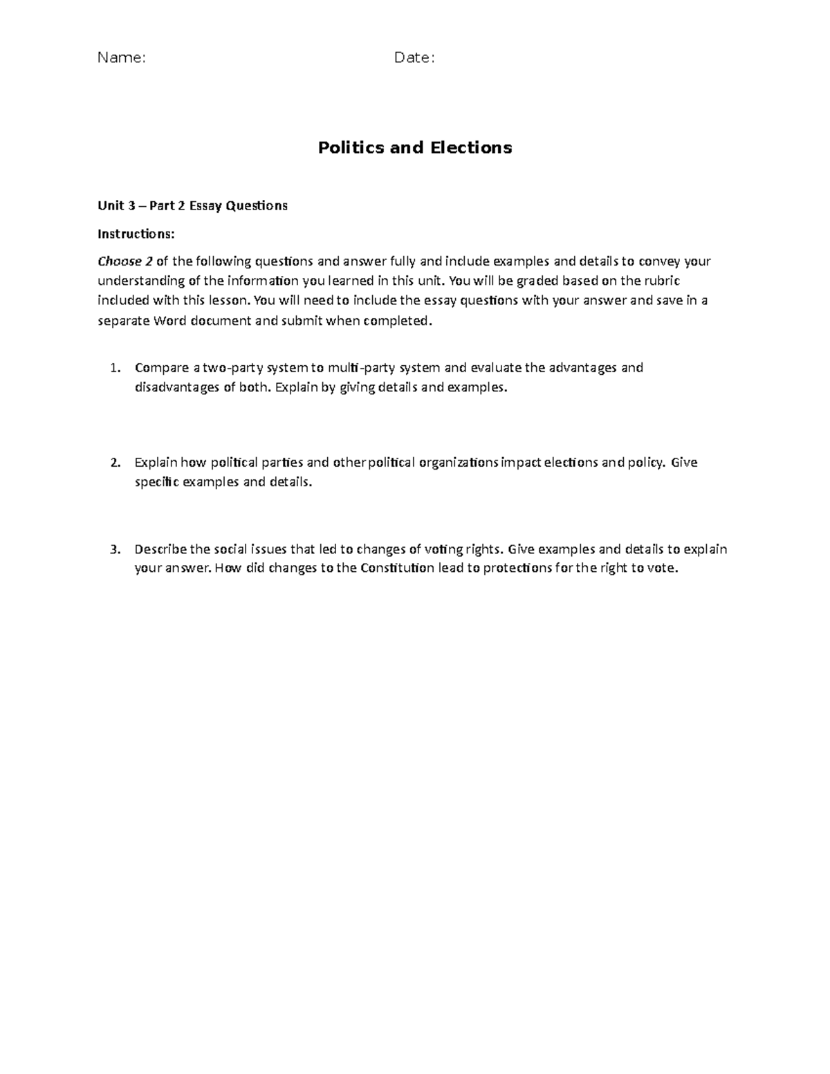 Govt A - Unit 3 Essay Questions - Politics and Elections - Name: Date ...