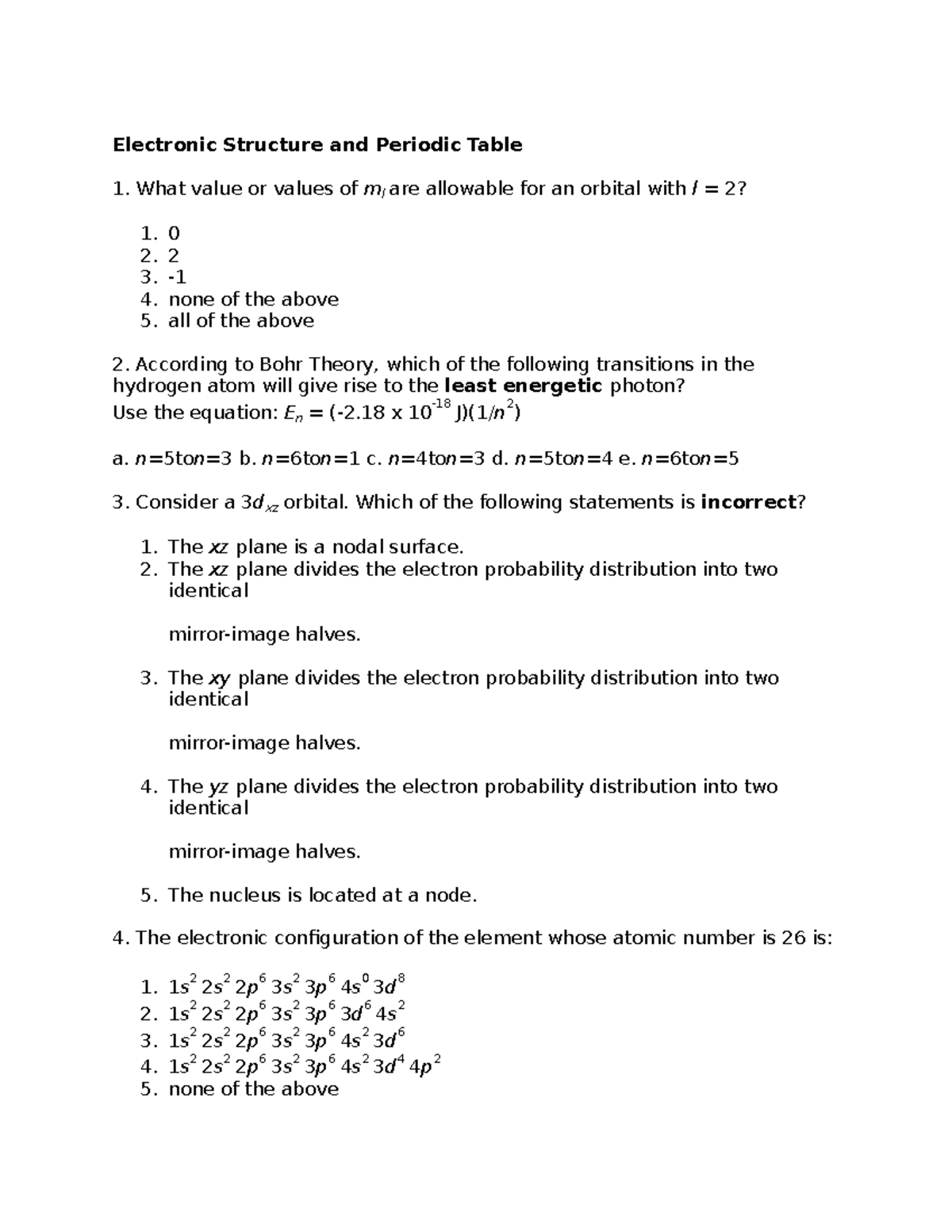 Genral Chem 120 Practice Questions Electronic Structure And Periodic