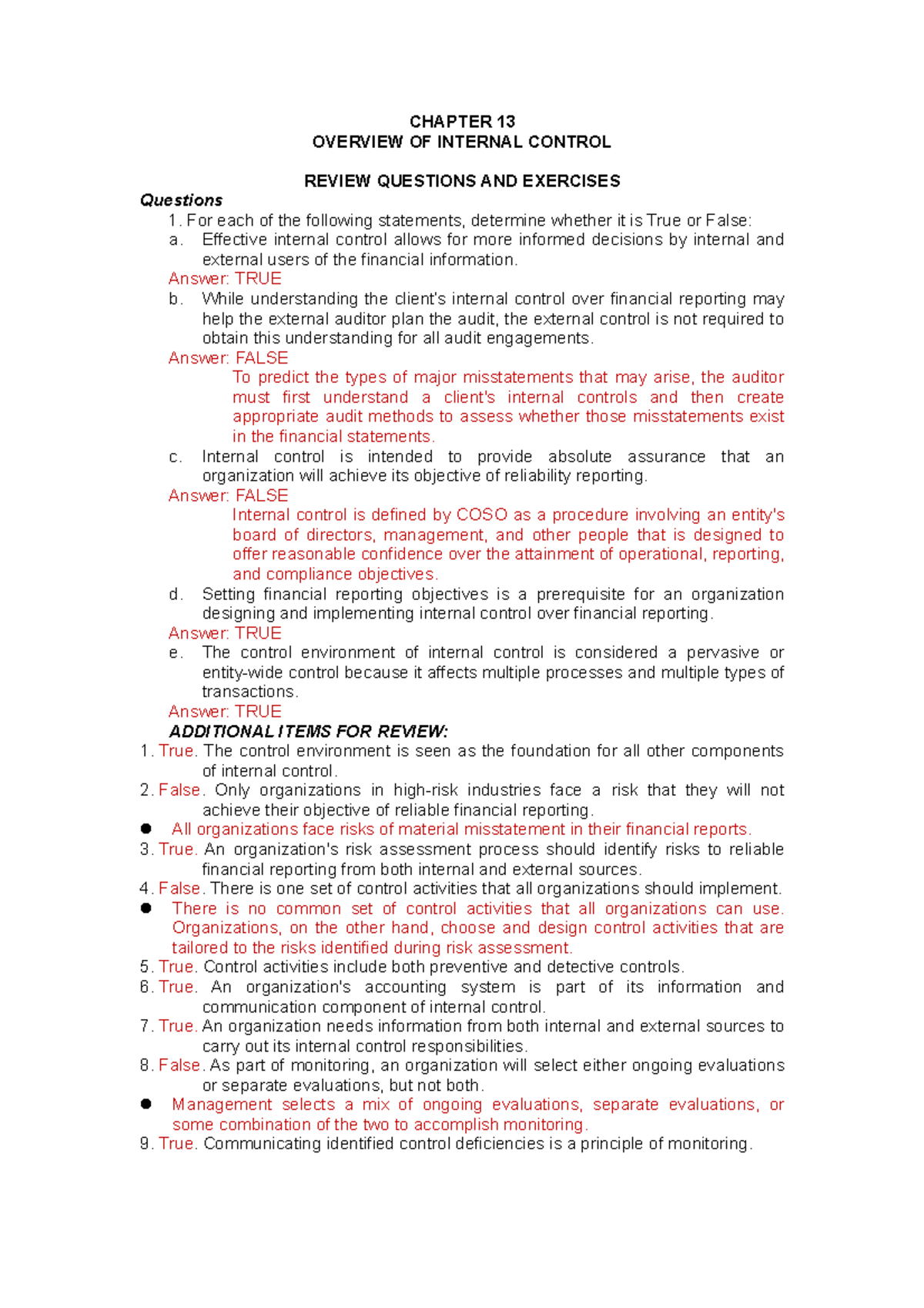 Chapter 13 Review Questions Overview of internal control - CHAPTER 13 ...