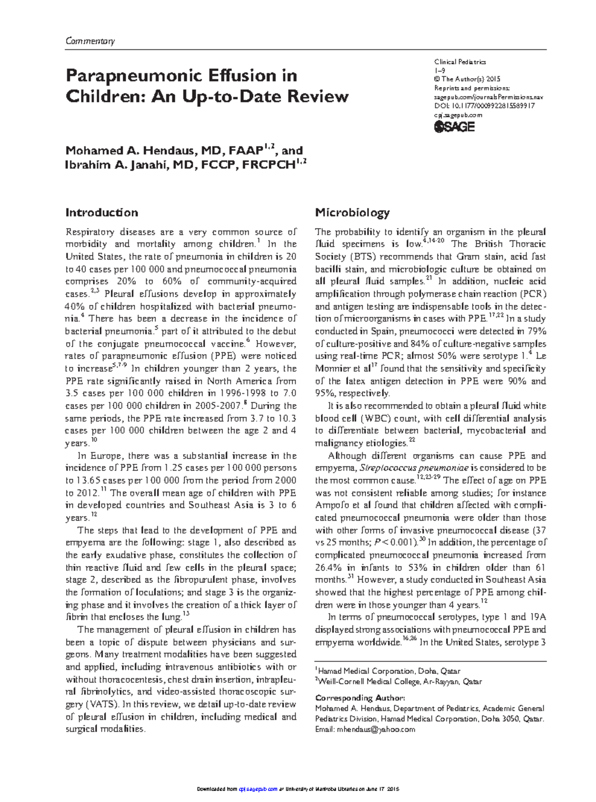 Parapneumonic Effusion in children 2016 - Clinical Pediatrics 1 – © The ...