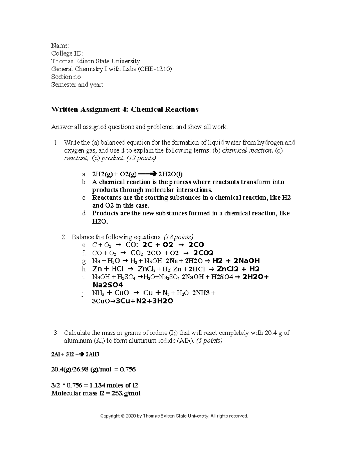 Chemistry writing assigment 4 - Name: College ID: Thomas Edison State ...