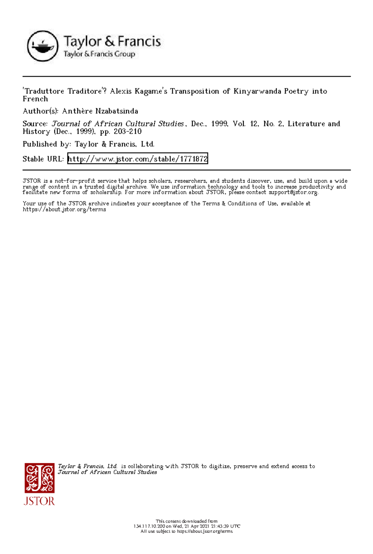 Translation of Rwandan Poems to English - Translation of Alexis Kagame ...