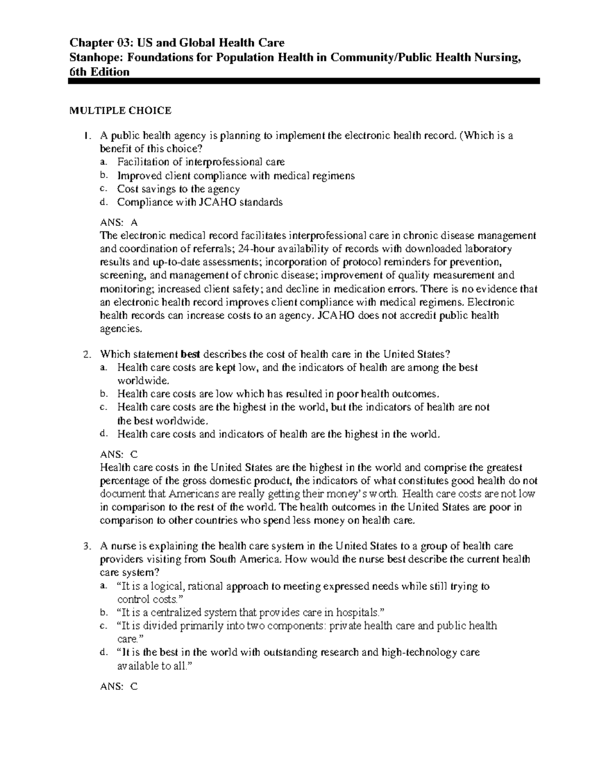 03 - Practice - Chapter 03: US and Global Health Care Stanhope ...