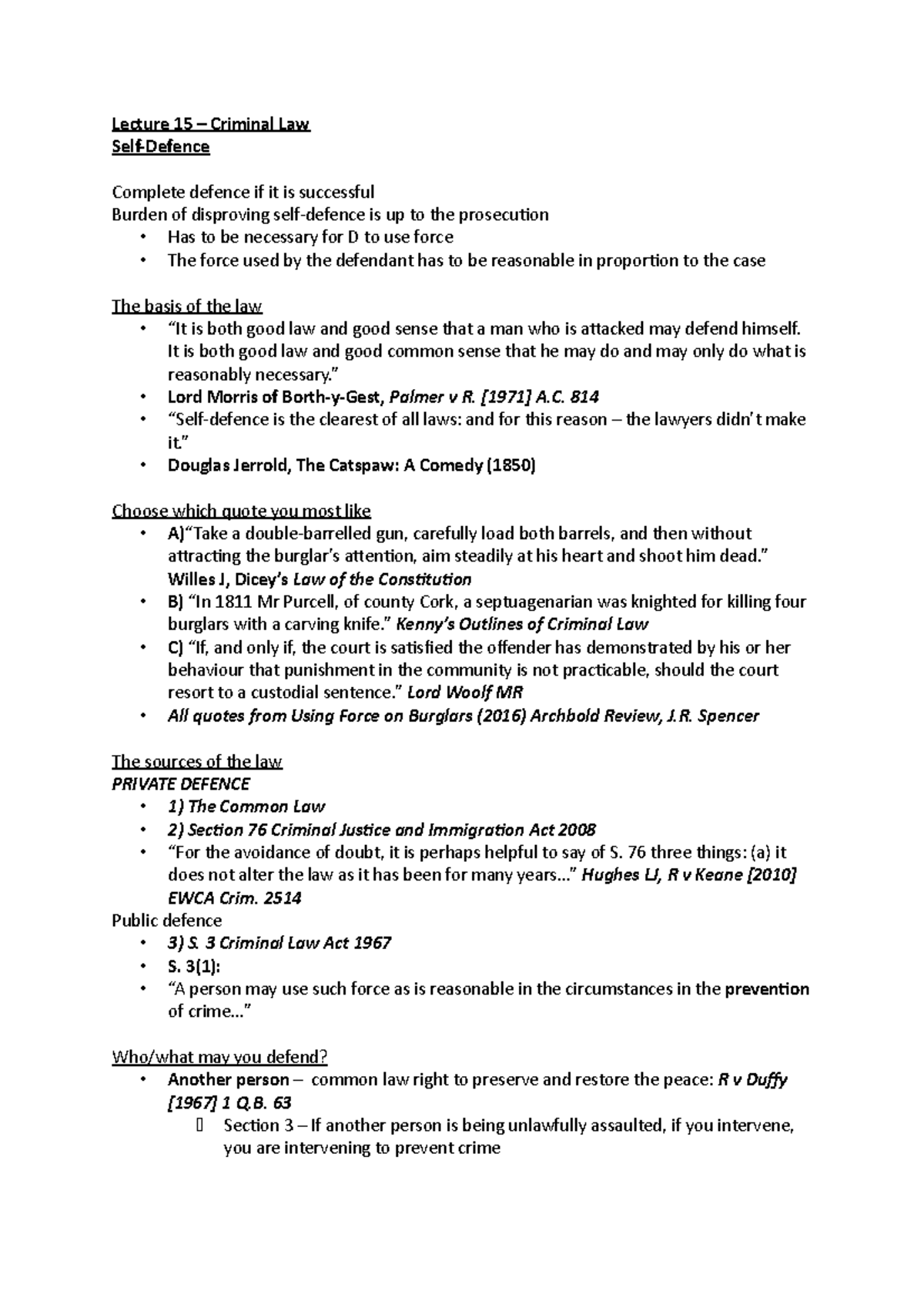 Lecture on the criminal defence of self-defence - Lecture 15 – Criminal ...