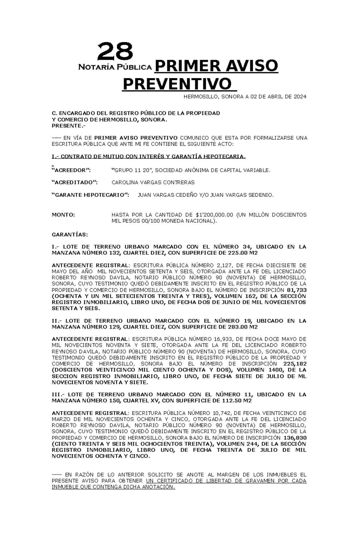 Primer Aviso Preventivo - PRIMER AVISO PREVENTIVO HERMOSILLO, SONORA A ...