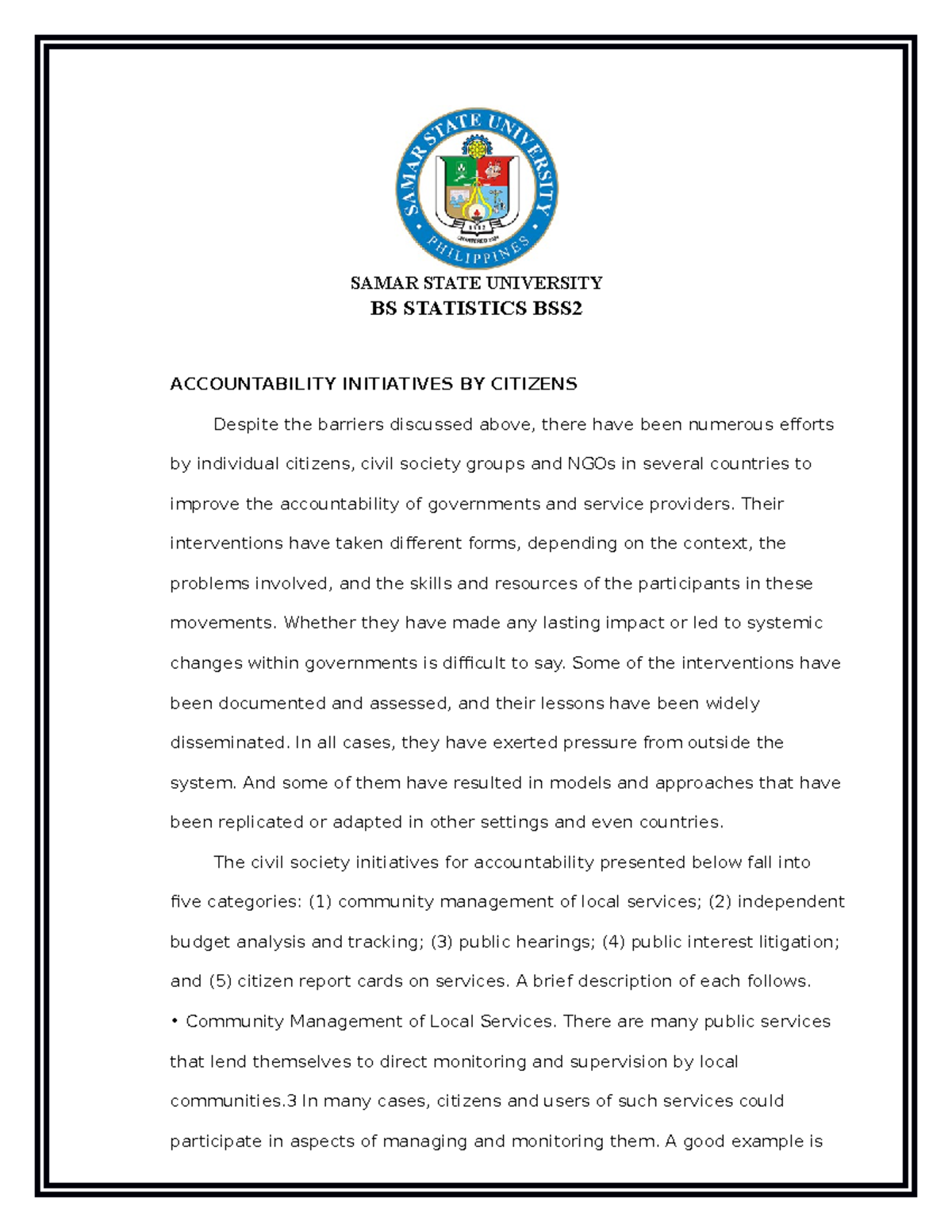 Accountability Initiatives BY Citizens - SAMAR STATE UNIVERSITY BS ...