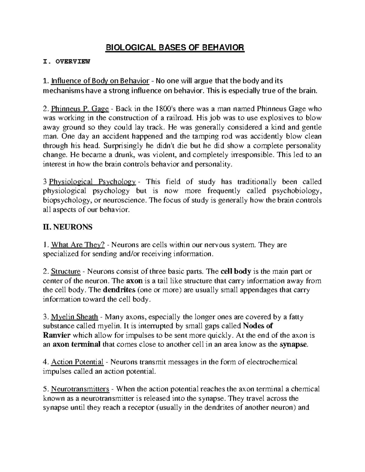 Biological Bases OF Behavior - BIOLOGICAL BASES OF BEHAVIOR I. OVERVIEW ...