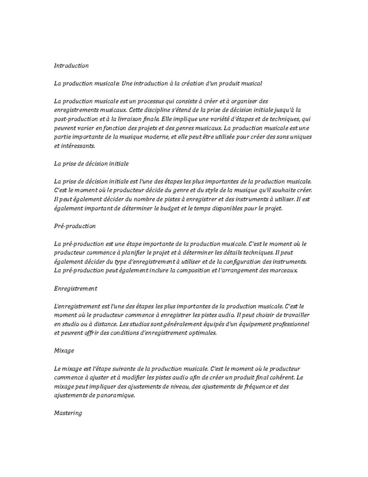 Music Production note study - Introduction La production musicale: Une ...