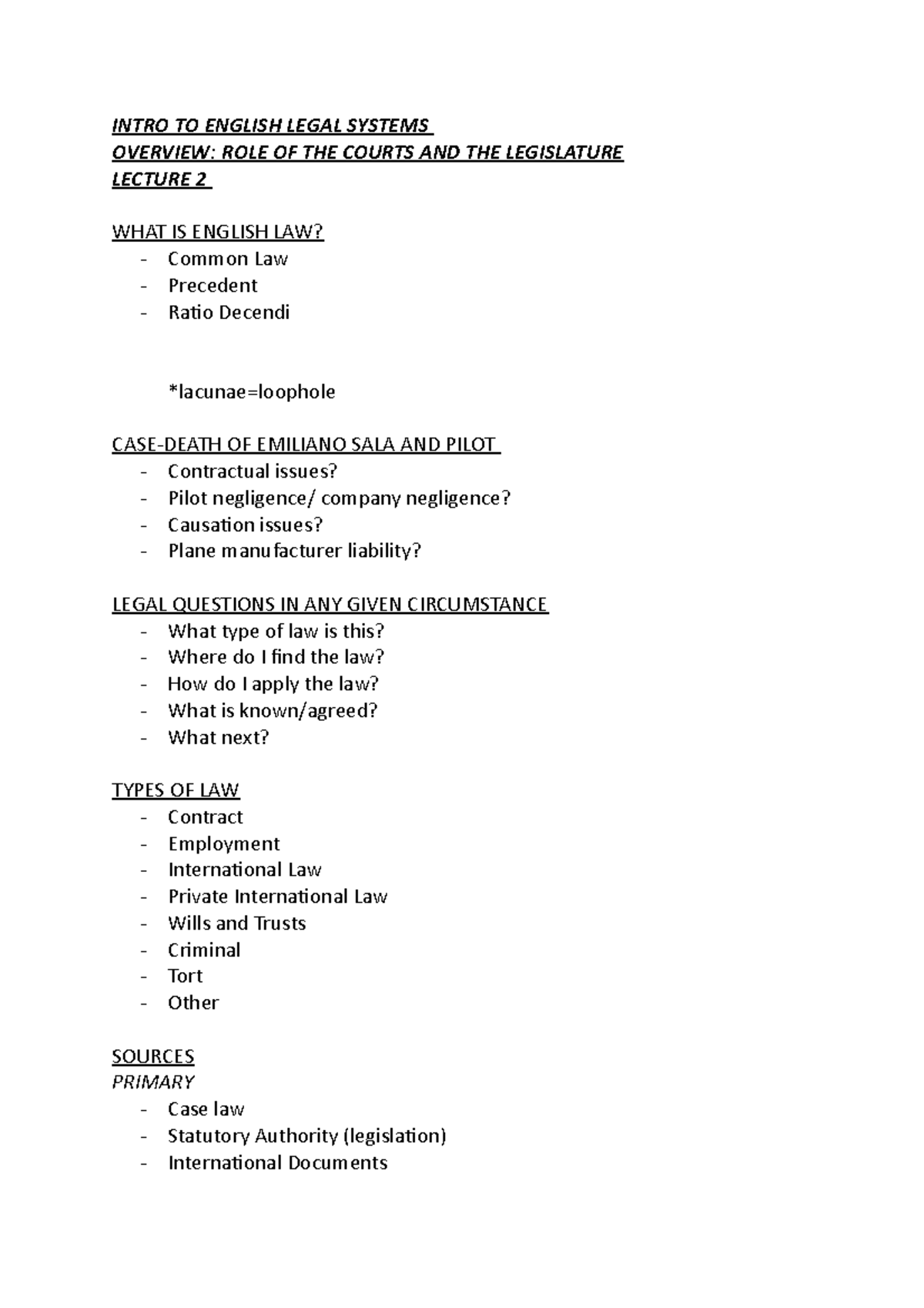 ELS-L2 - Lecture notes 2 - INTRO TO ENGLISH LEGAL SYSTEMS OVERVIEW ...