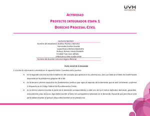 A8 EQ1 - ACTIVIDAD OBLIGATORIA DERECHO PROCESAL CIVIL Y MERCANTIL UVM - ACTIVIDAD PROYECTO - Studocu