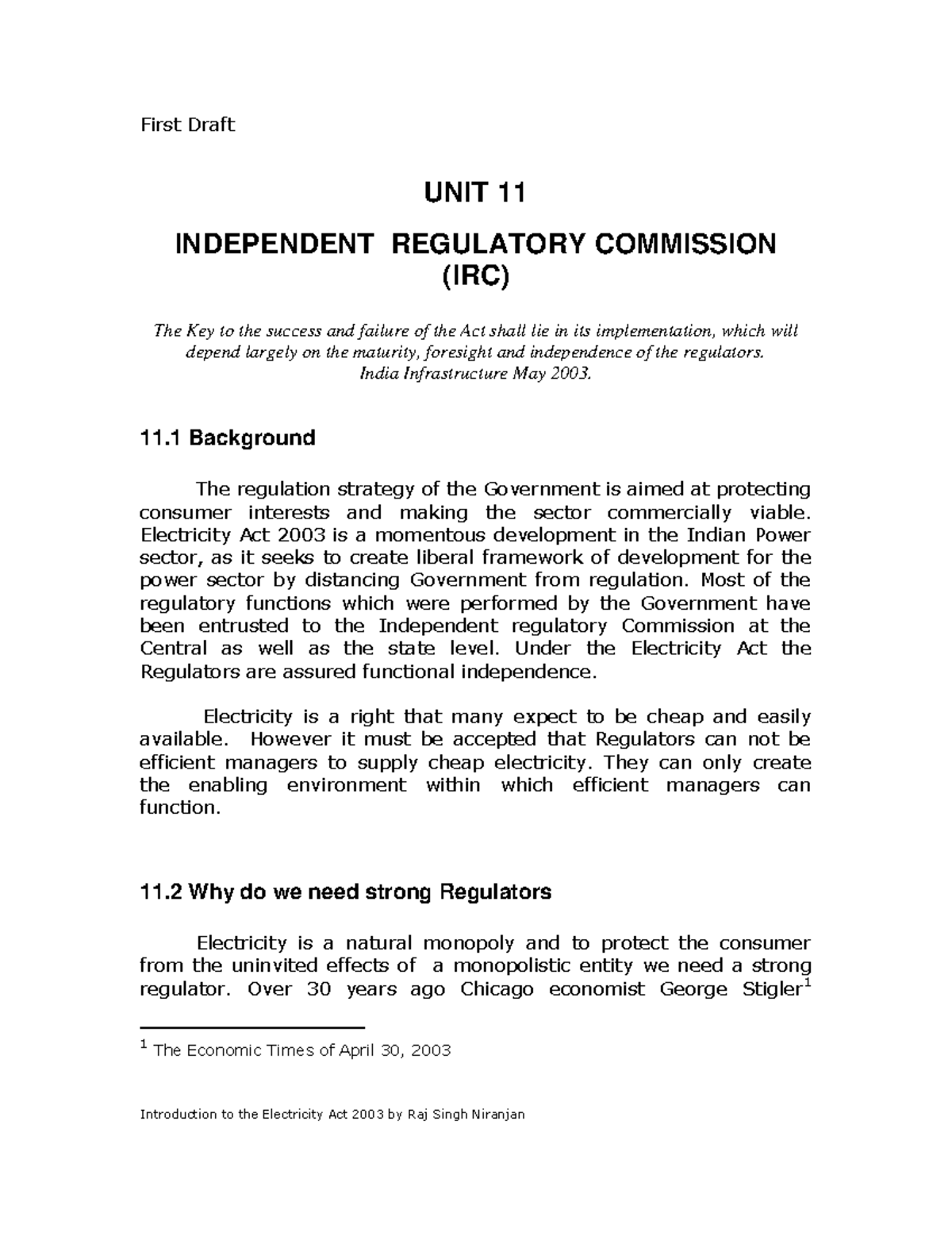 UNIT-11 - UNIT 11 INDEPENDENT REGULATORY COMMISSION (IRC) The Key to ...