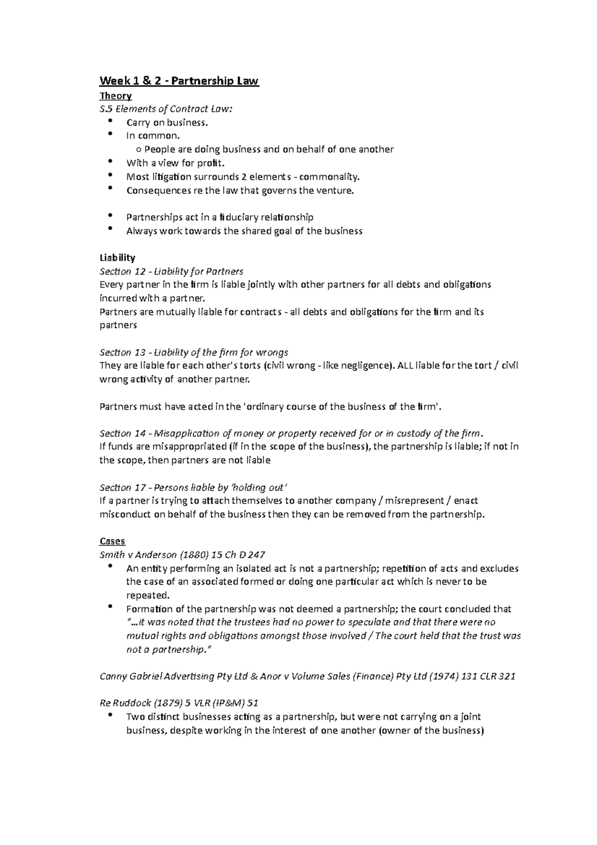 Law - Cheat Sheet - Week 1 2 Partnership Law Theory S Elements of ...