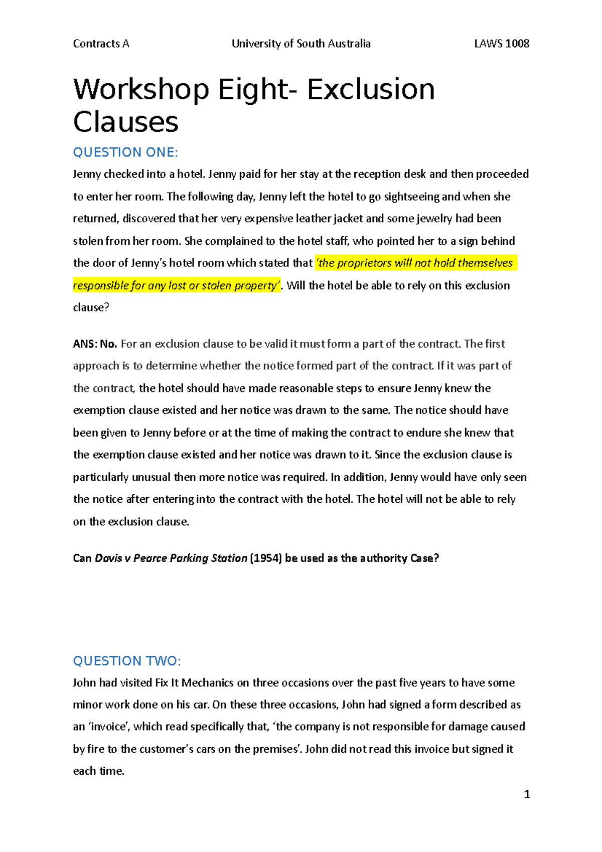 Workshop 8 - Seminar notes - Workshop Eight- Exclusion Clauses QUESTION ...