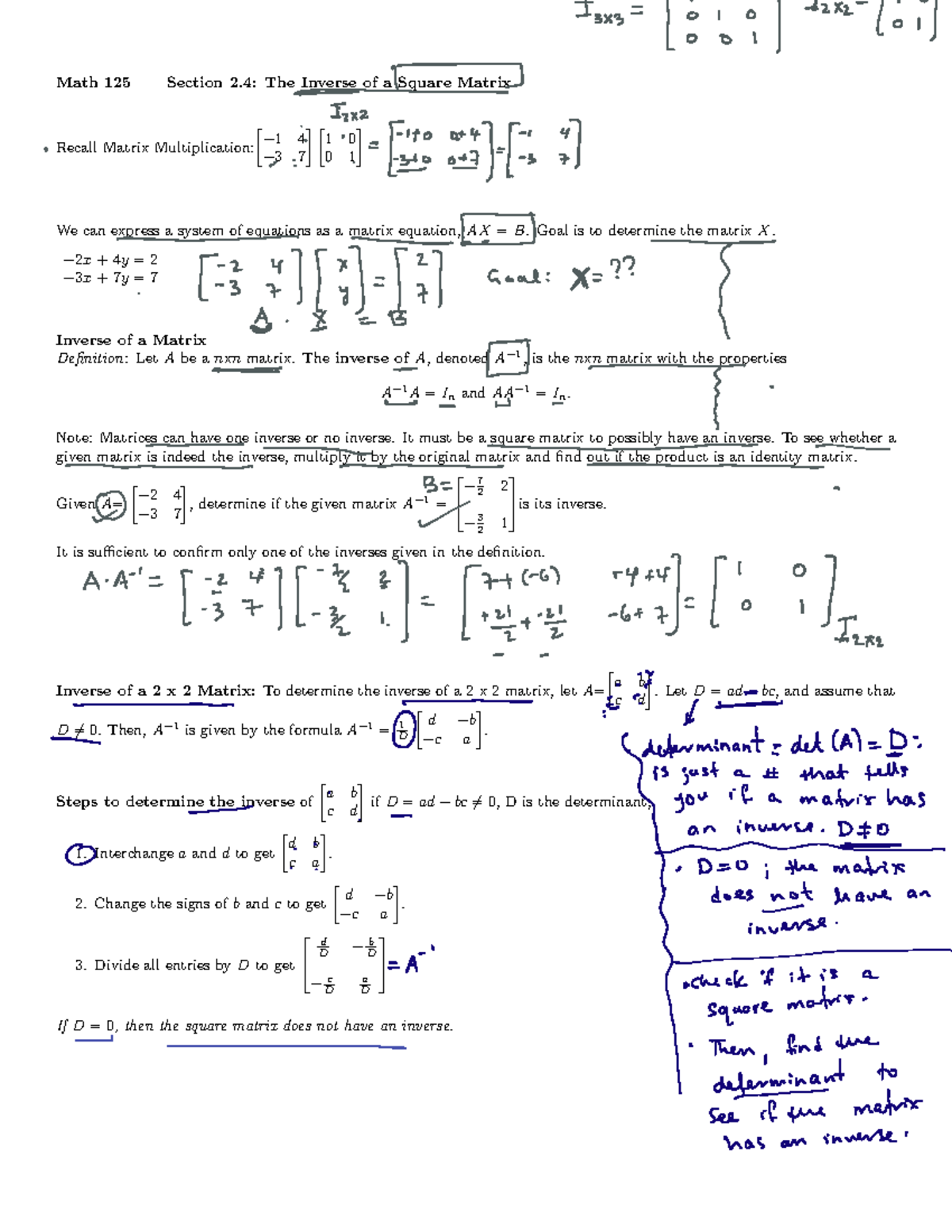 Math 125 LS 2.4 Solutions - Math 125 Section 2: The Inverse of a Square ...