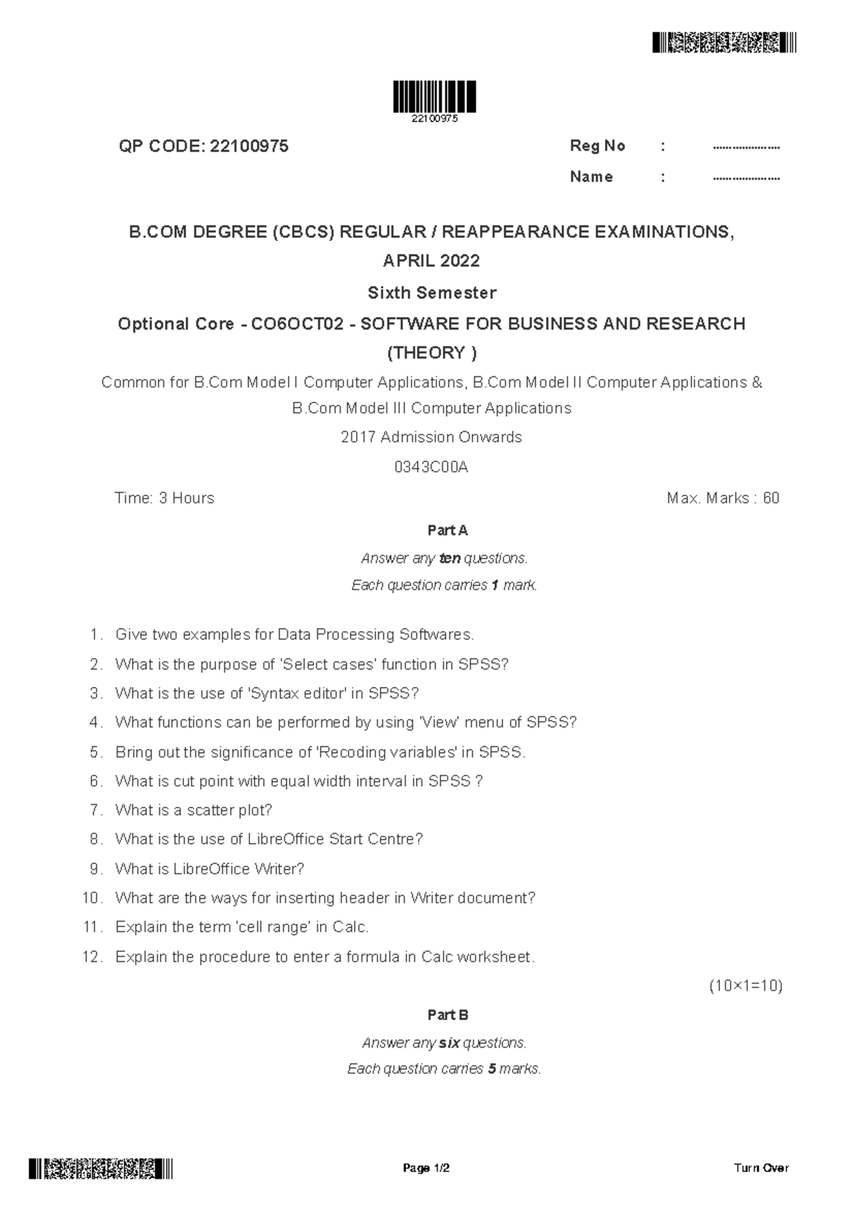 Software FOR Business AND Research ( Theory ) - QP CODE: 22100975 Reg ...