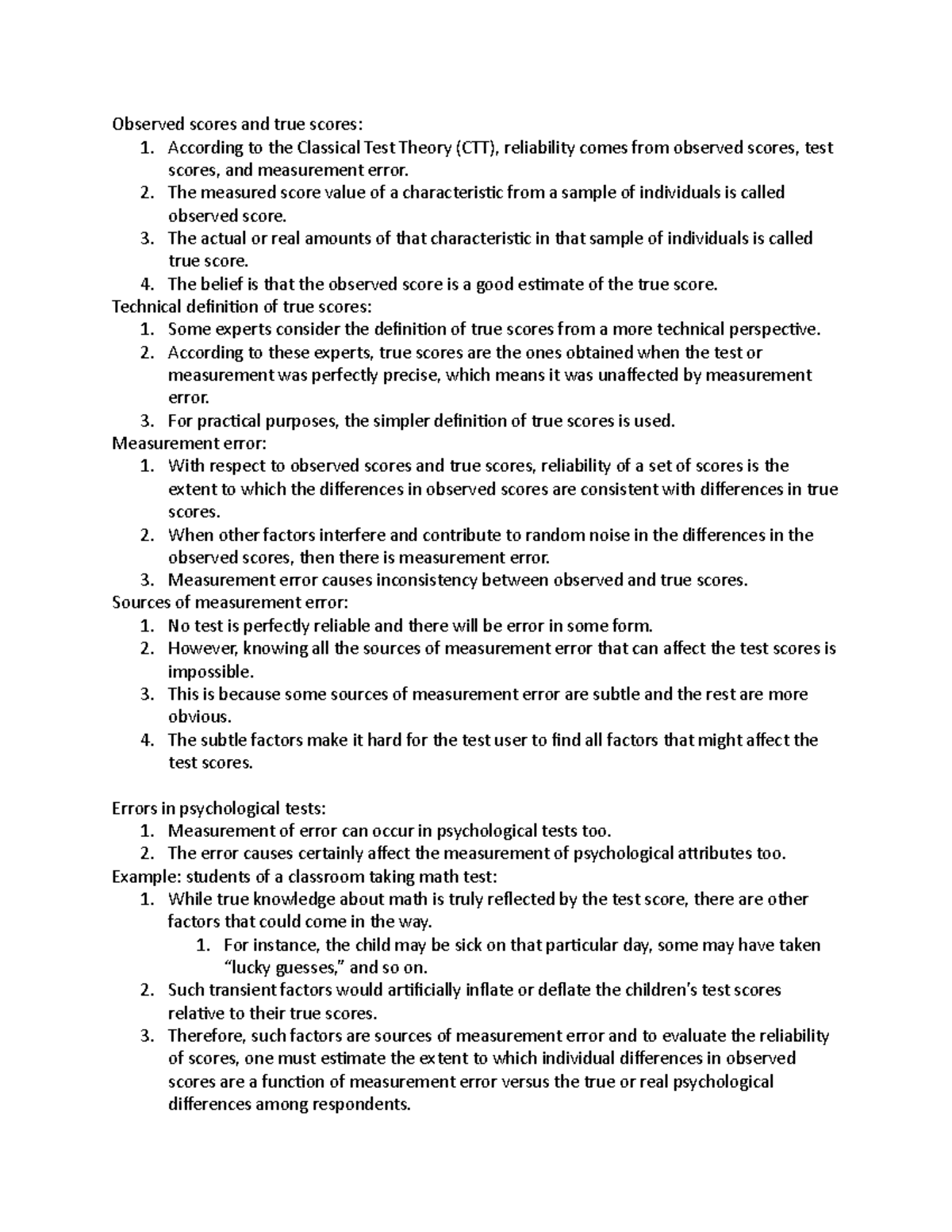 Chapter 5 Notes - Observed scores and true scores: 1. According to the ...