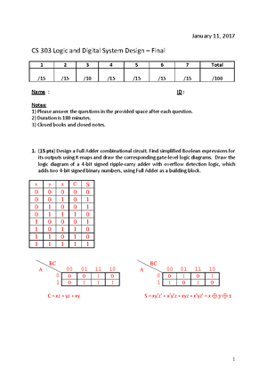CS 303 - Final Exam Solution - Fall 2016 - CS 303 Logic and Digital System Design – Final Name ...