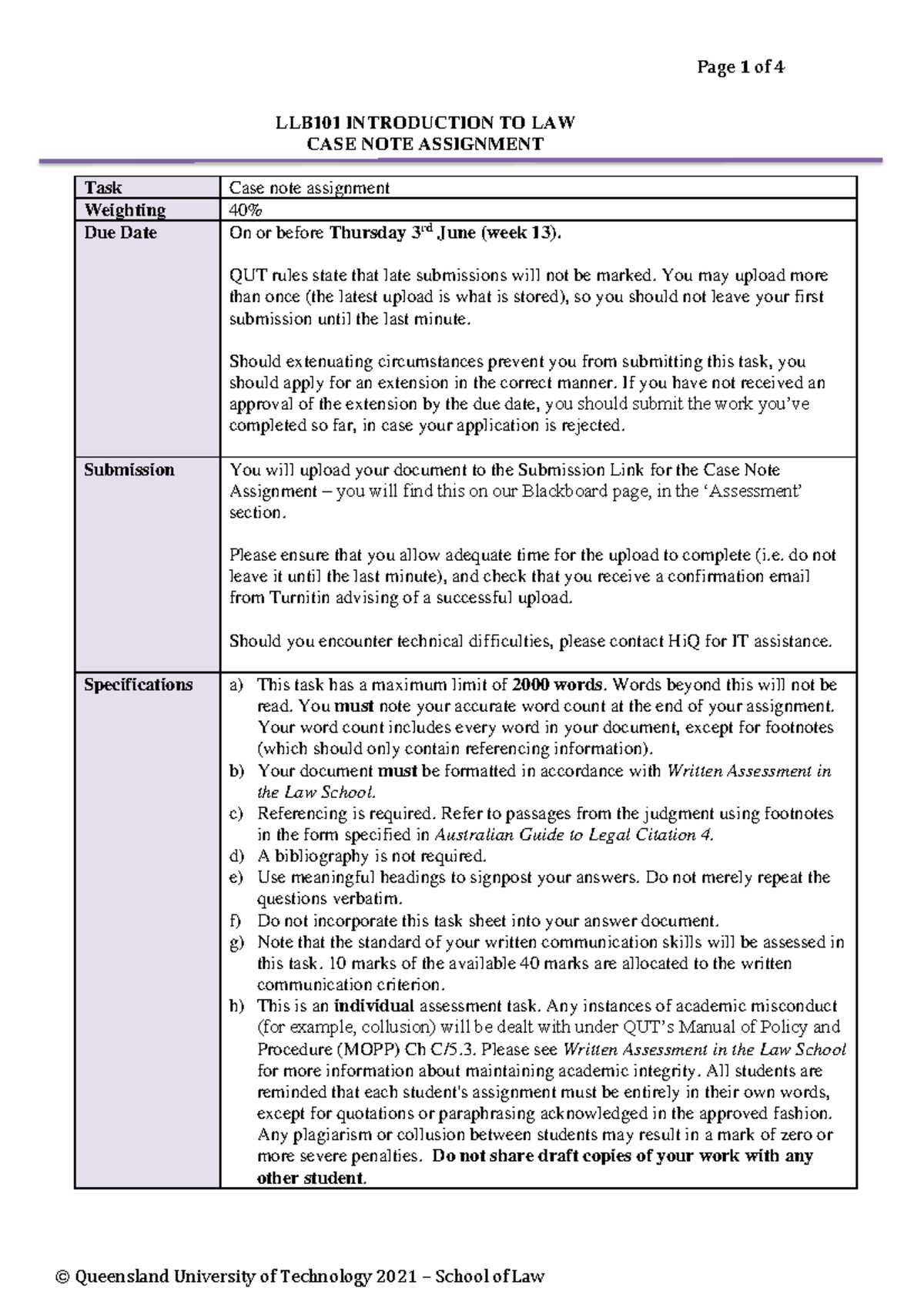 LLB101 - Task Sheet Case Note Assignment - Page 1 of 4 © Queensland ...