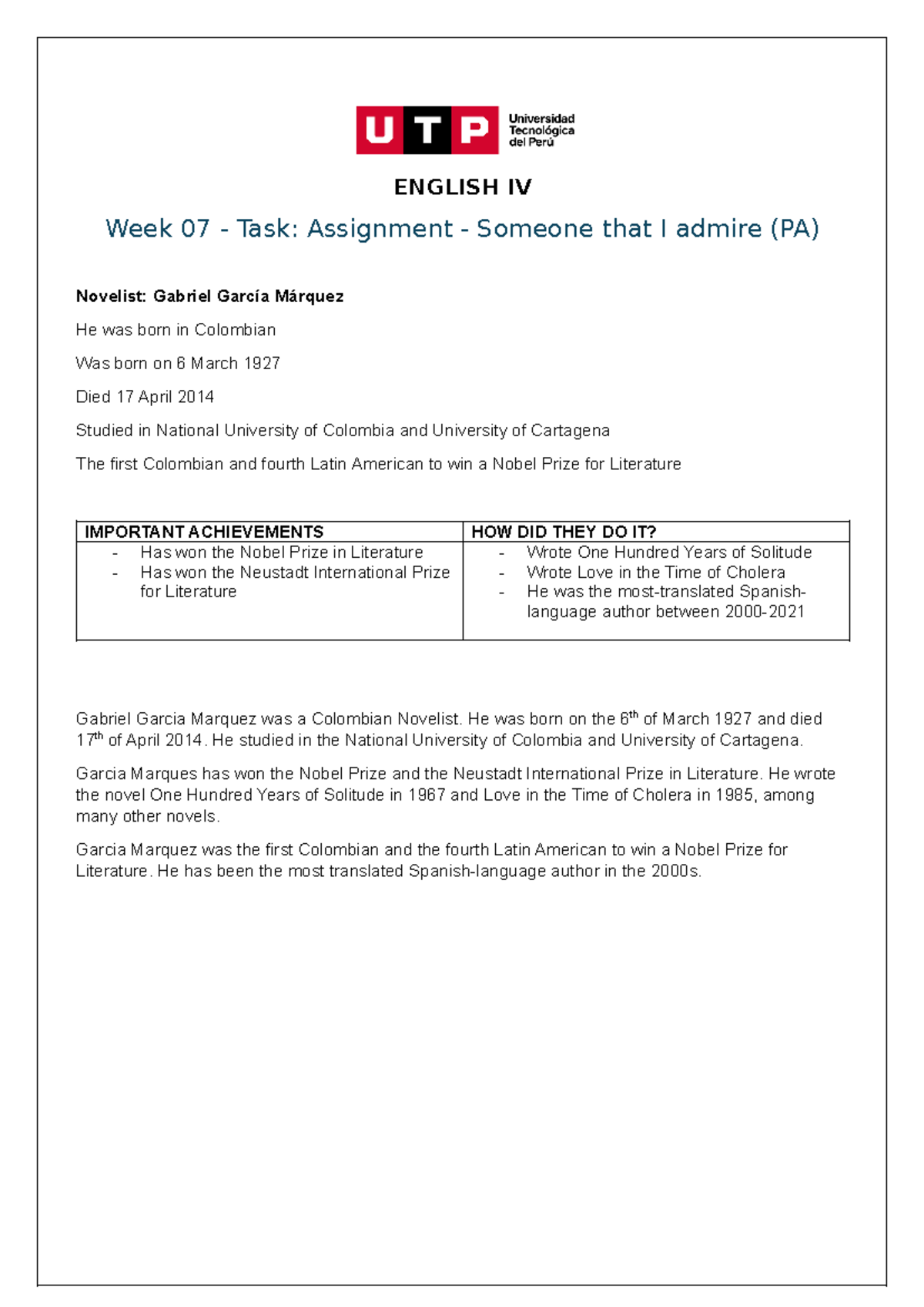 Week7 English IV - ENGLISH IV Week 07 - Task: Assignment - Someone that I admire (PA) Novelist ...