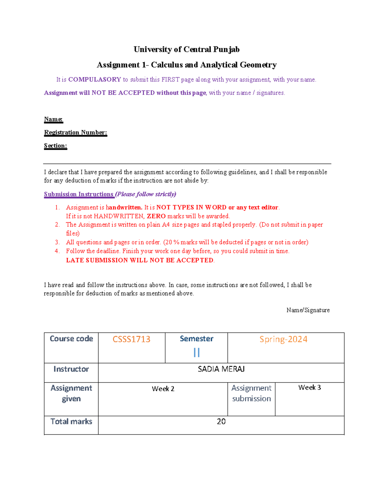 Assignment 1 - University of Central Punjab Assignment 1- Calculus and ...