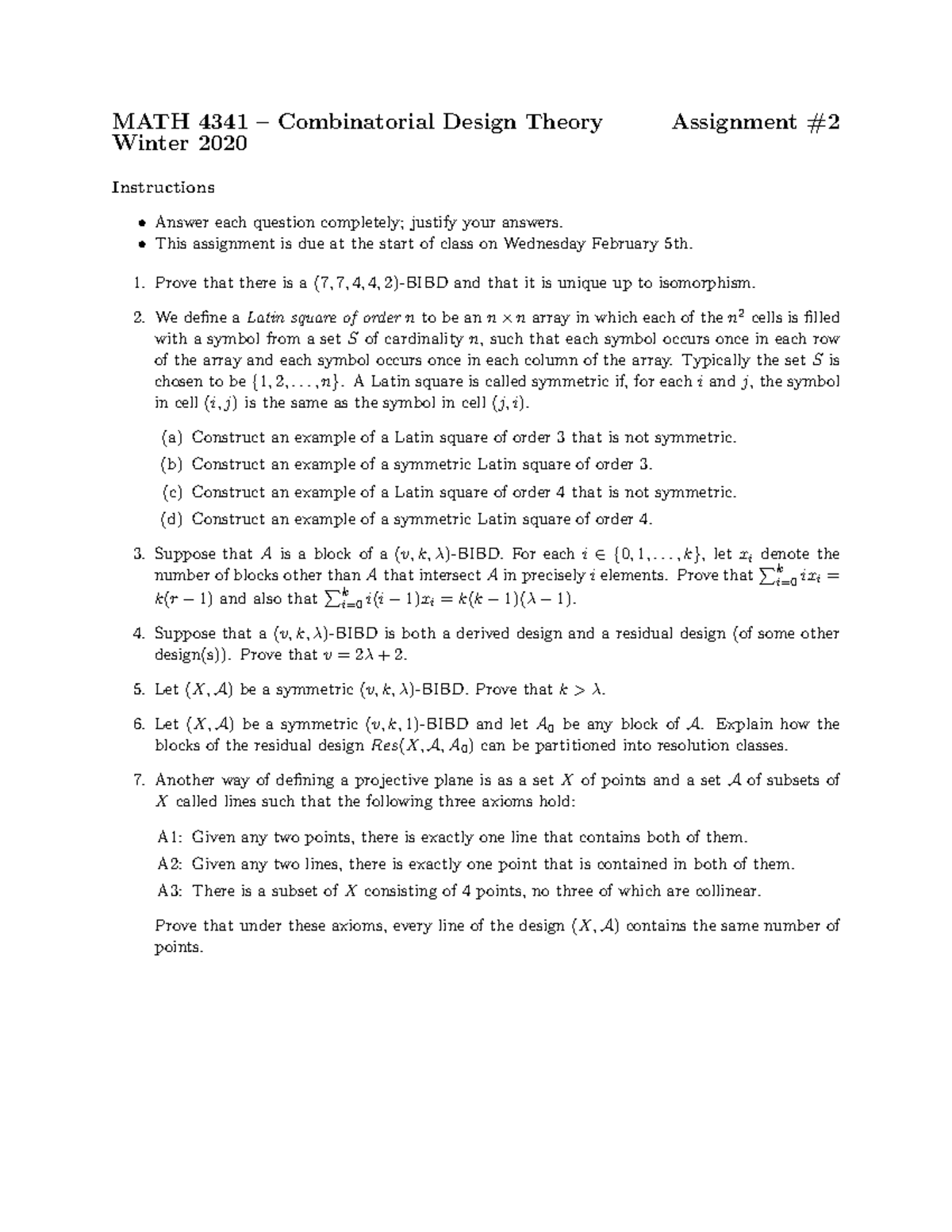 4341-2 - Assignments - MATH 4341 – Combinatorial Design Theory ...