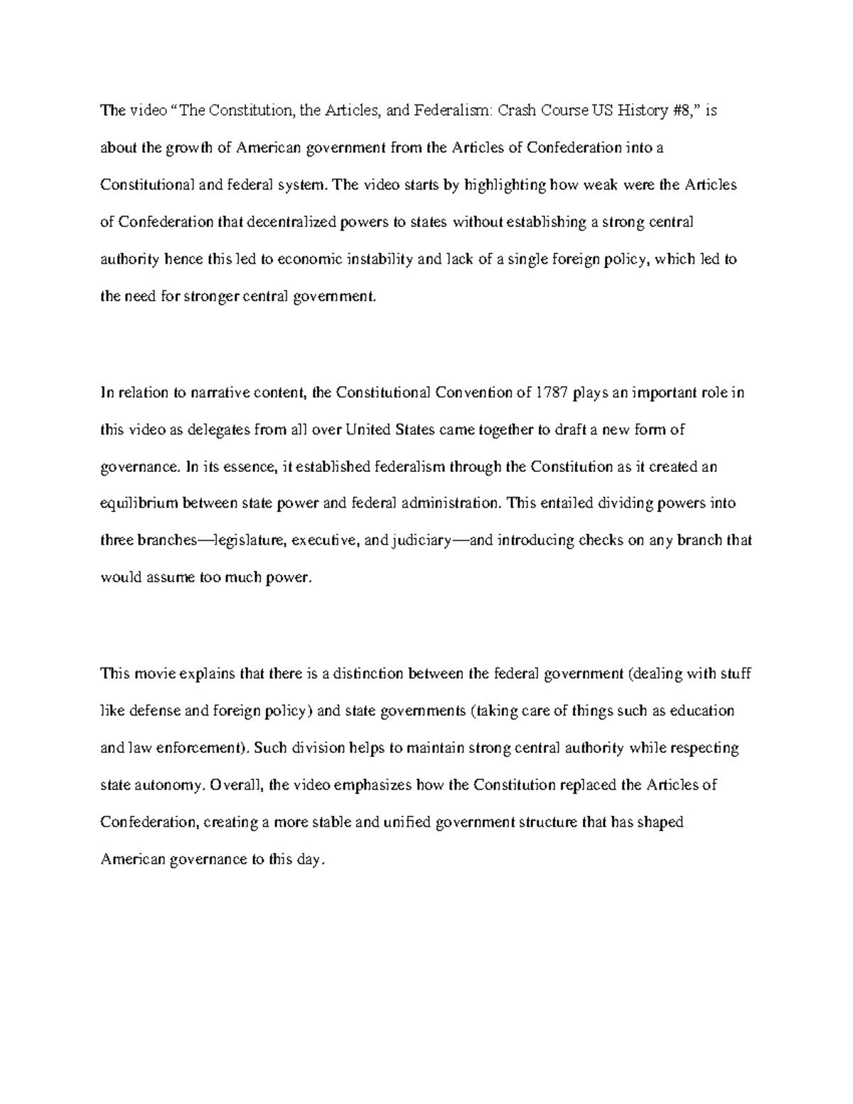 Crash course - assignments - The video “The Constitution, the Articles ...