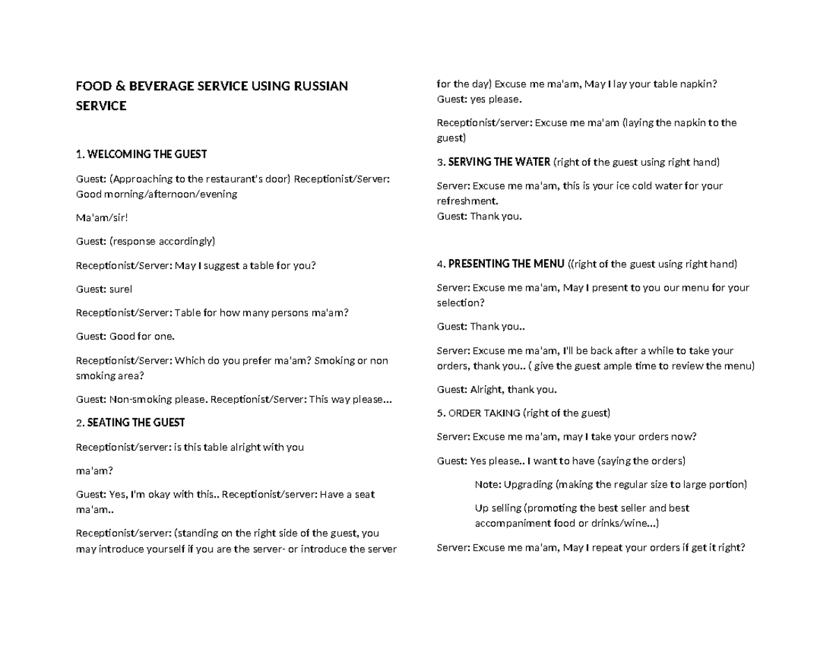 WEEK-13-FFSO- Script - FOOD & BEVERAGE SERVICE USING RUSSIAN SERVICE 1 ...