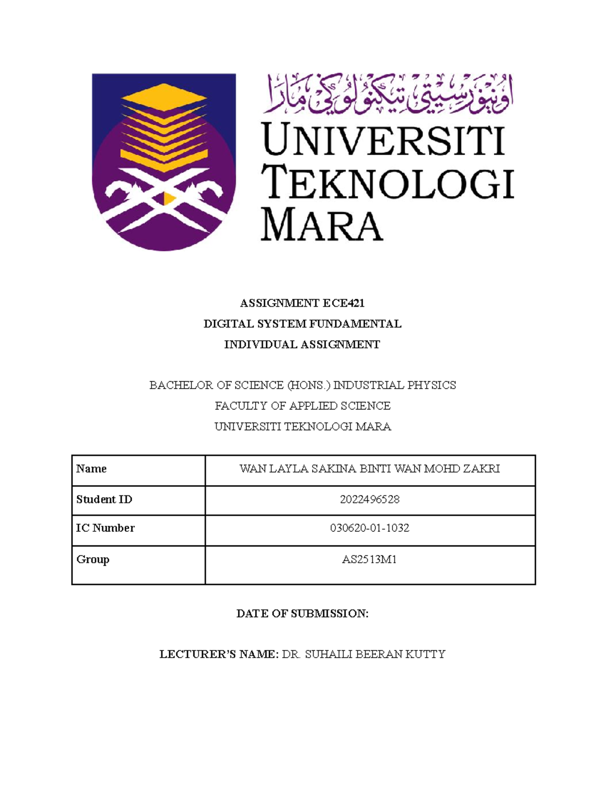 ECE421 Assignment - ASSIGNMENT ECE DIGITAL SYSTEM FUNDAMENTAL INDIVIDUAL ASSIGNMENT BACHELOR OF ...