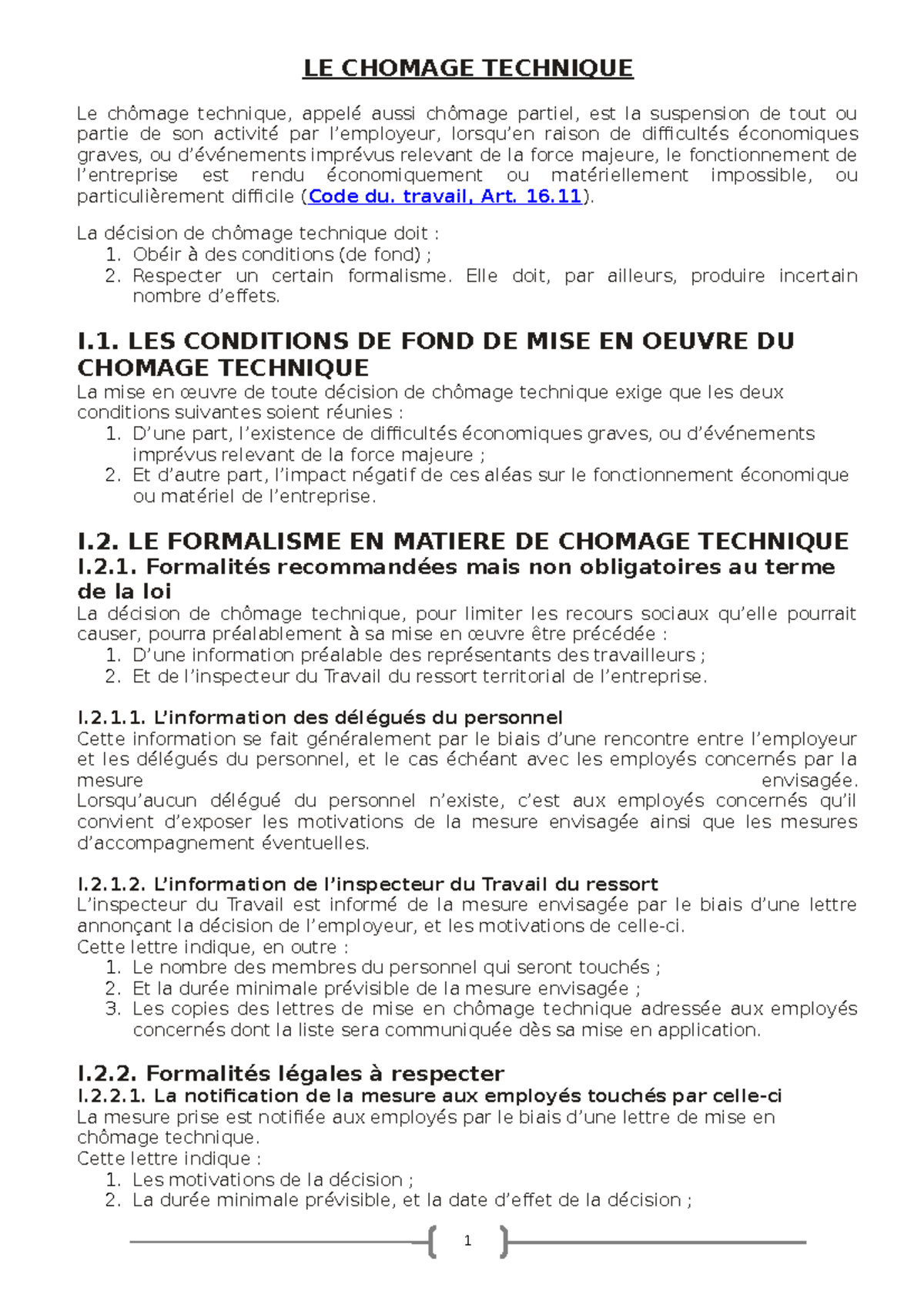 Le chômage technique - LE CHOMAGE TECHNIQUE Le chômage technique ...