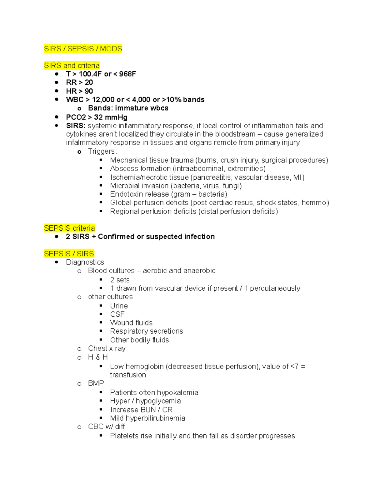 SIRS : Sepsis : MODS Study Guide - SIRS / SEPSIS / MODS SIRS and ...